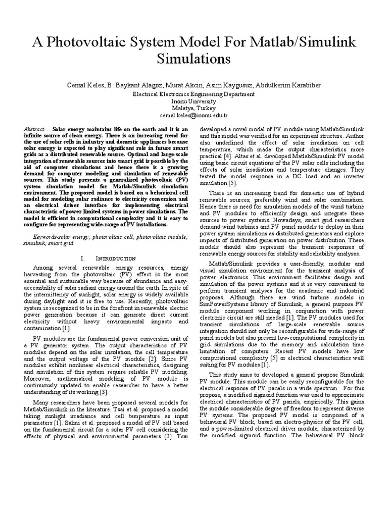A Photovoltaic System Model For Matlab S | PDF | Photovoltaics | Solar ...