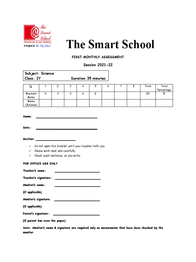 The Smart School: Session 2021-22 Subject: Science Class: IV Duration ...