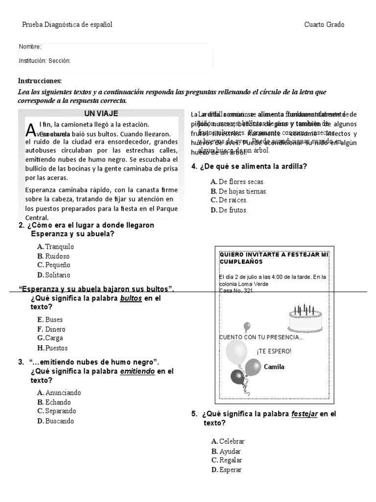 Prueba Diagnóstica 4º Español 1 | PDF