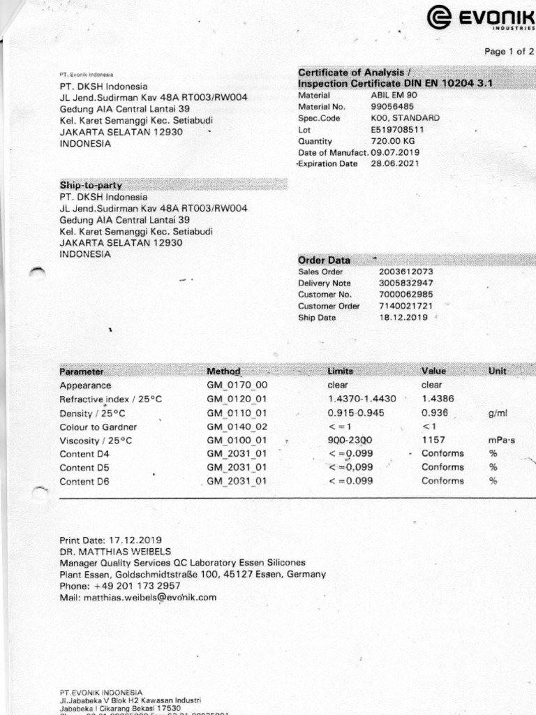 Certificate of Analysis Abil Em-1 | PDF