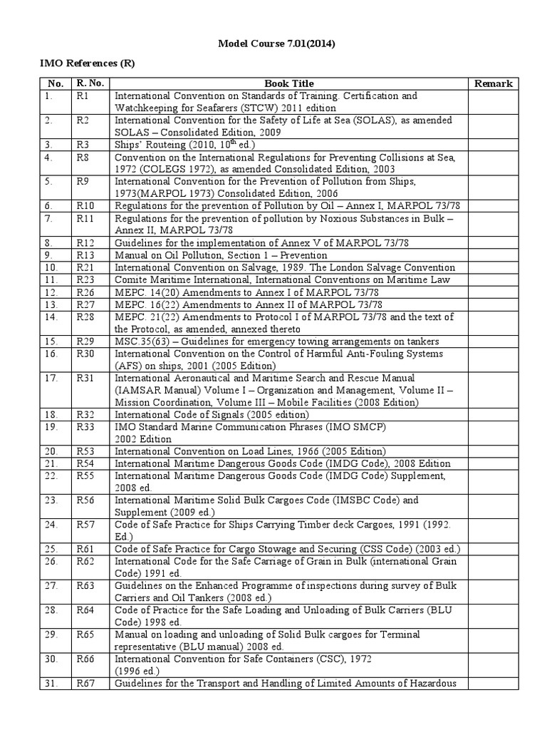Model Course 7.01 (2014) IMO References (R) No. Book Title Remark | PDF ...