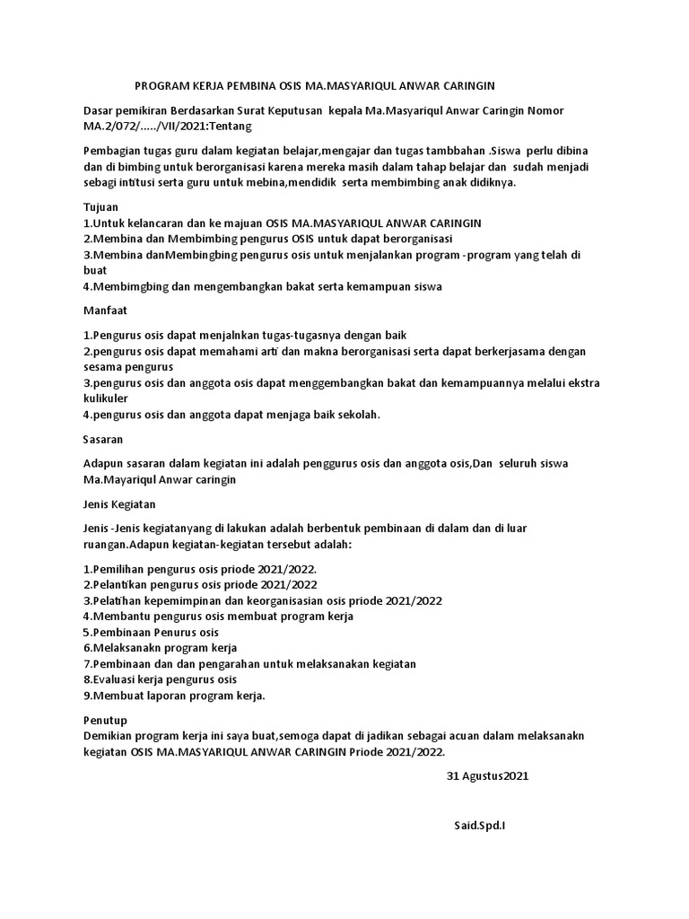 Program Kerja Pembina Osis Ma | PDF