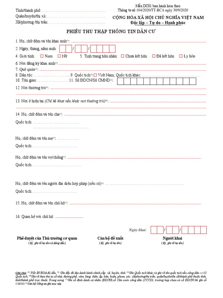 Phieu Thu Thap Thong Tin Dan Cu | PDF