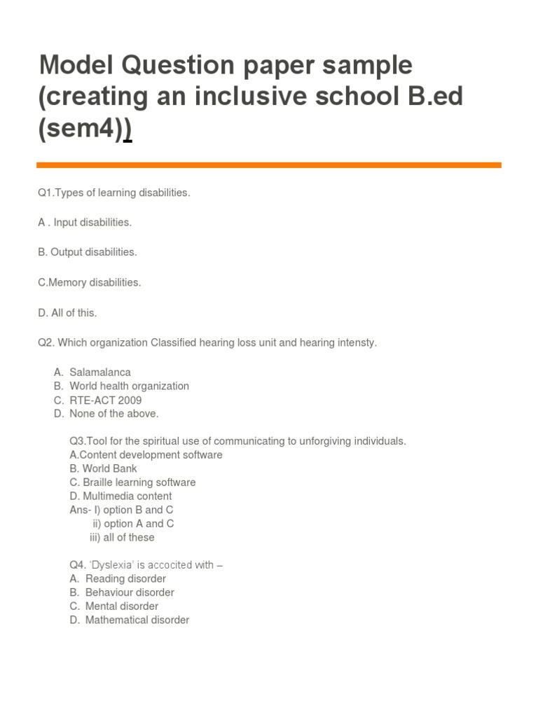 Model Question Paper Sample | PDF | Inclusion (Education) | Rubric ...