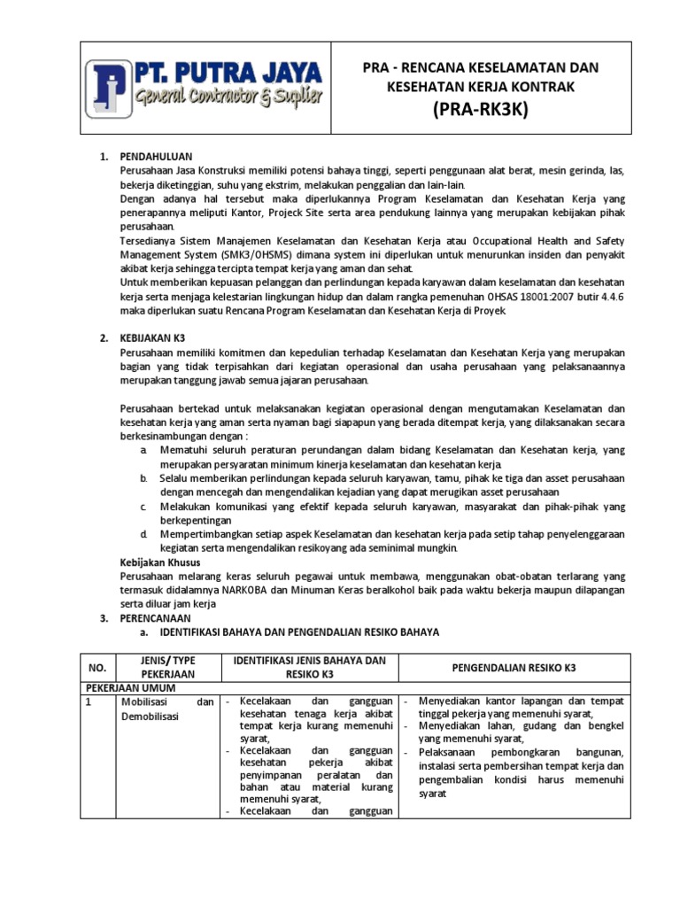 Pra - Rencana Keselamatan Dan Kesehatan Kerja Kontrak (Pra-Rk3k) | PDF
