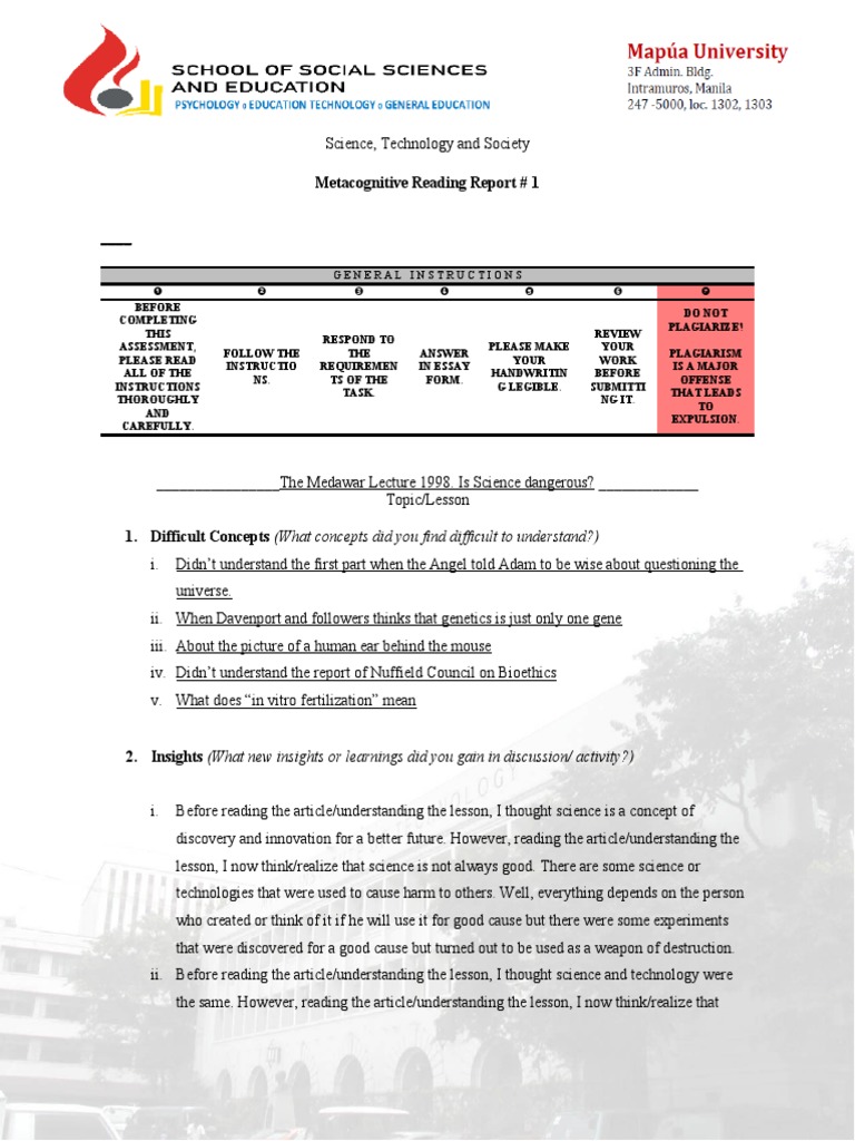 Metacognitive Reading Report - STS | PDF | Science | Power (Social And Political)