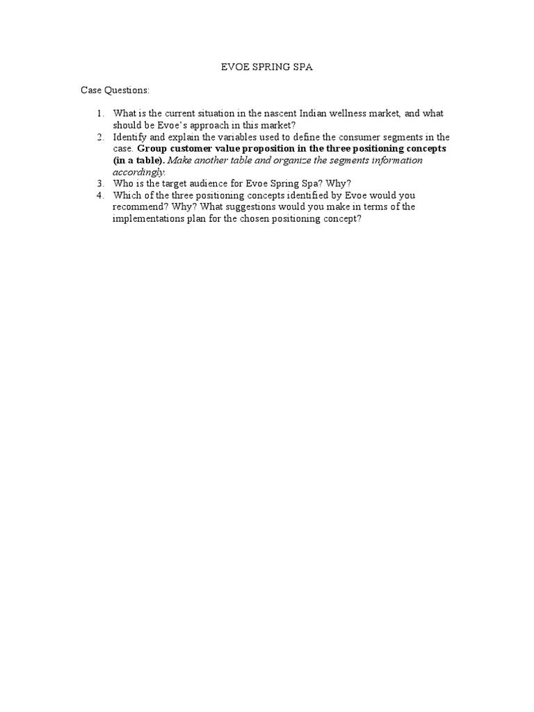 Evoe Spring Spa Positioning Strategy | PDF