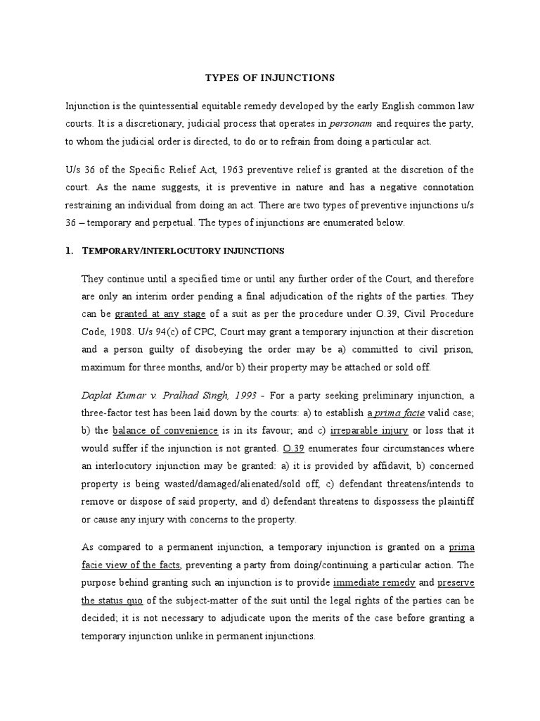 Types of Injunction | PDF | Injunction | Legal Remedy