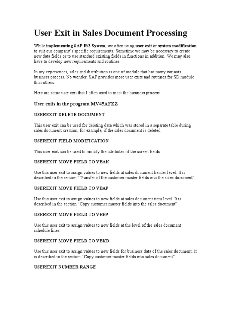 User Exit in Sales Document Processing | PDF | Software Engineering | Computing