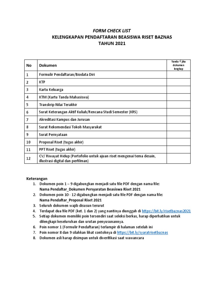 Formulir Pendaftaran Beasiswa Riset BAZNAS | PDF