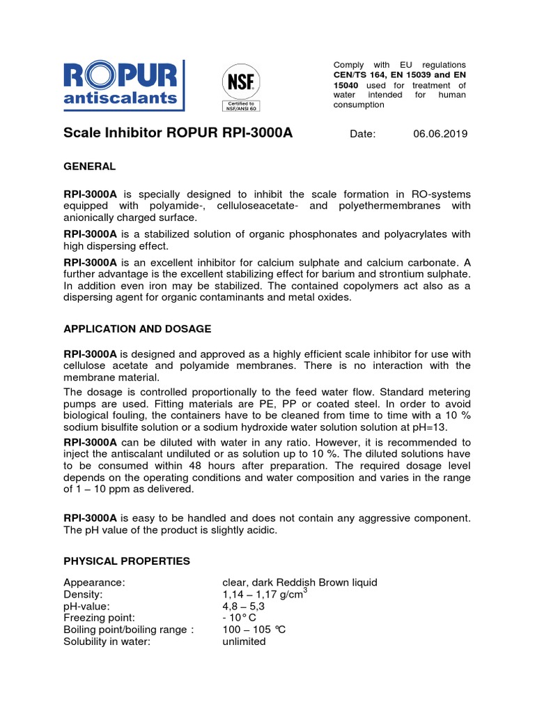 Scale Inhibitor ROPUR RPI-3000A: CEN/TS 164, EN 15039 and EN 15040 Used ...