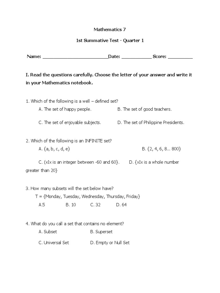 7th Grade Math Summative Test Q1 | PDF | Numbers | Mathematical Objects
