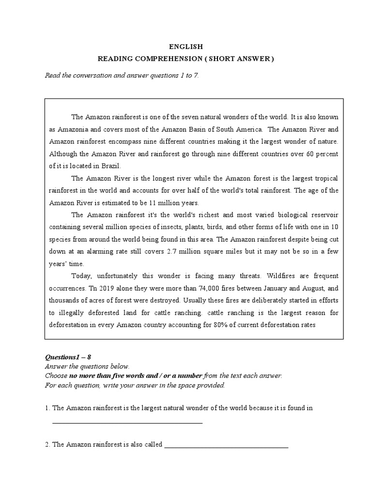 Read The Conversation and Answer Questions 1 To 7.: English Reading ...