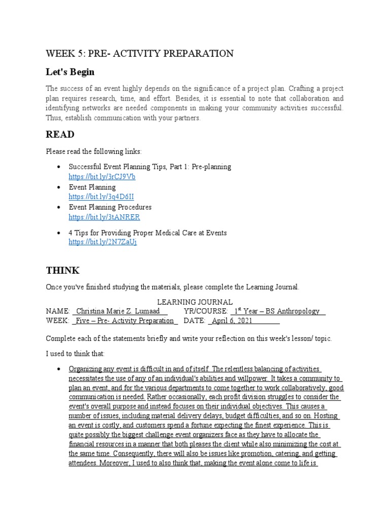 Let's Begin: Week 5: Pre-Activity Preparation | PDF