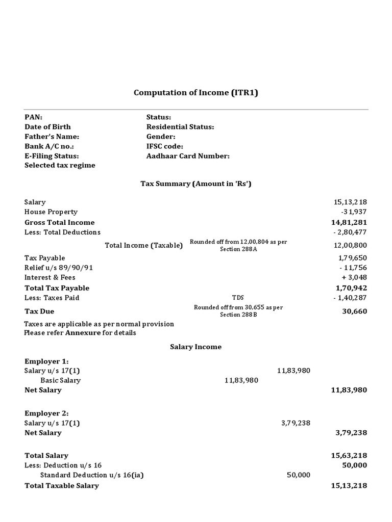Itr 1 Format | PDF | Tax Deduction | Taxes