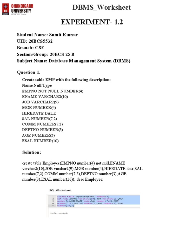 DBMS - Worksheet 1.2 - Ques.1 | PDF