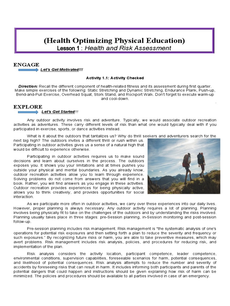 (Health Optimizing Physical Education) : Lesson 1: Health and Risk ...