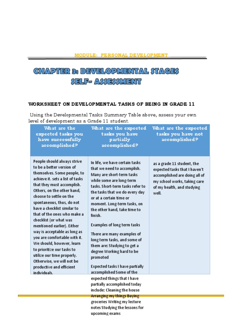 Module: Personal Development: Worksheet On Developmental Tasks of Being in Grade 11 | PDF