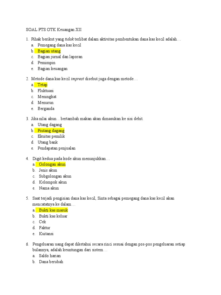 Kunci Jawaban SOAL PTS OTK Keuangan XI1 | PDF
