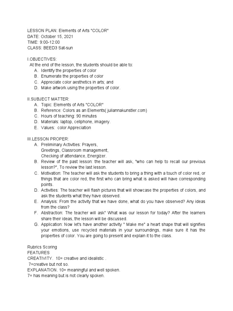 Lesson Plan - Elements of Arts - Color | PDF | Lesson Plan | Teachers