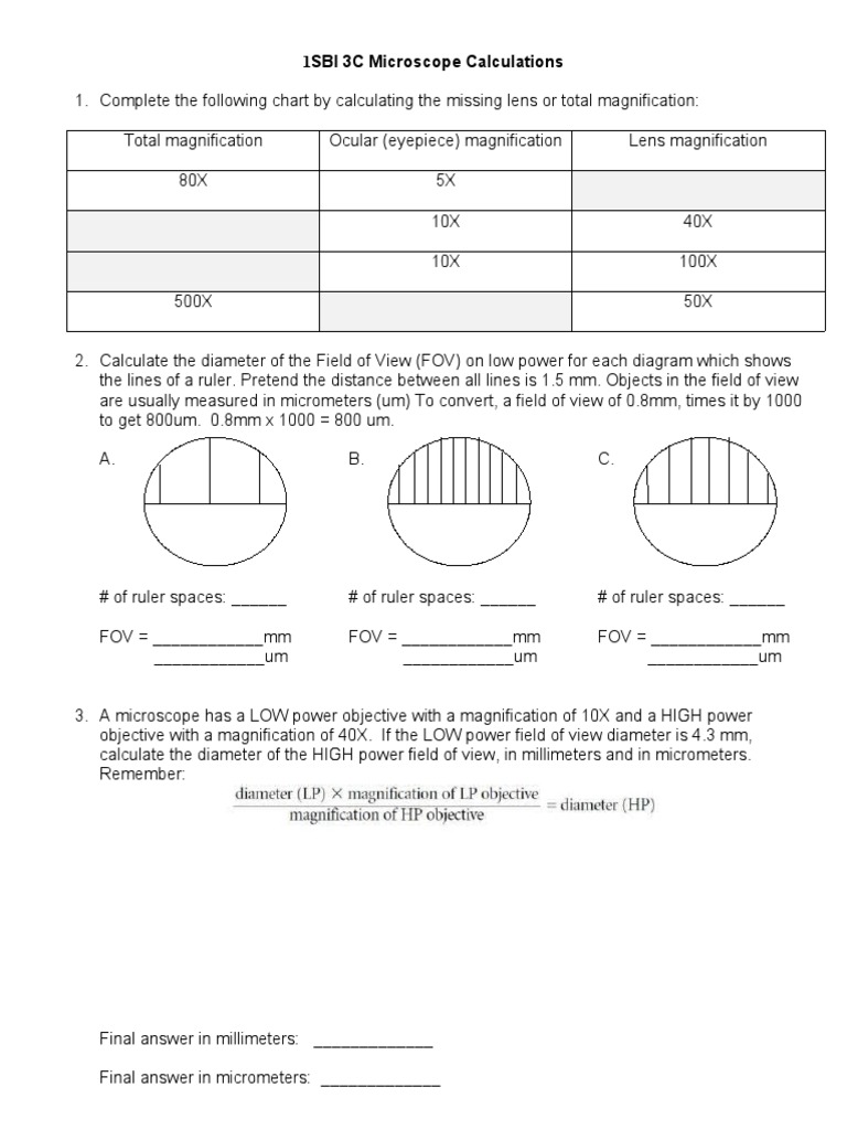Microscopic Measurement Worksheet