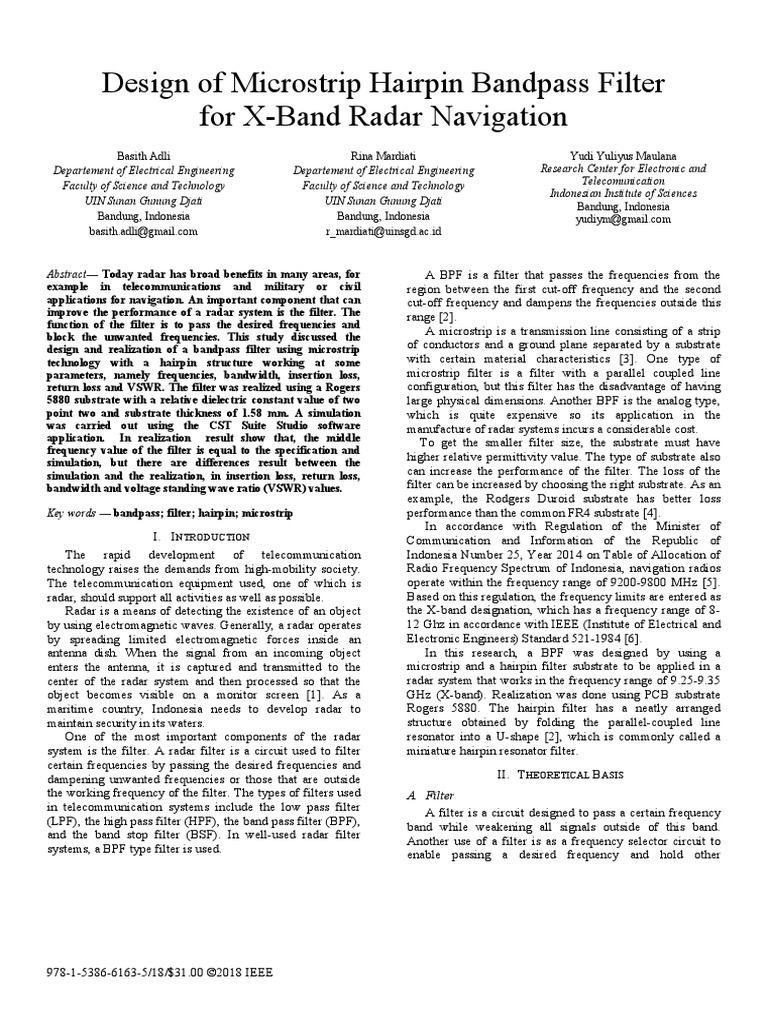 Design of Microstrip Hairpin Bandpass Filter For X-Band Radar ...