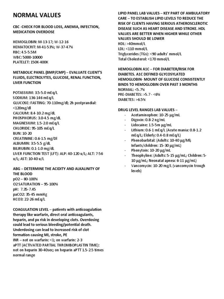 Normal Values | PDF | Blood | Clinical Medicine