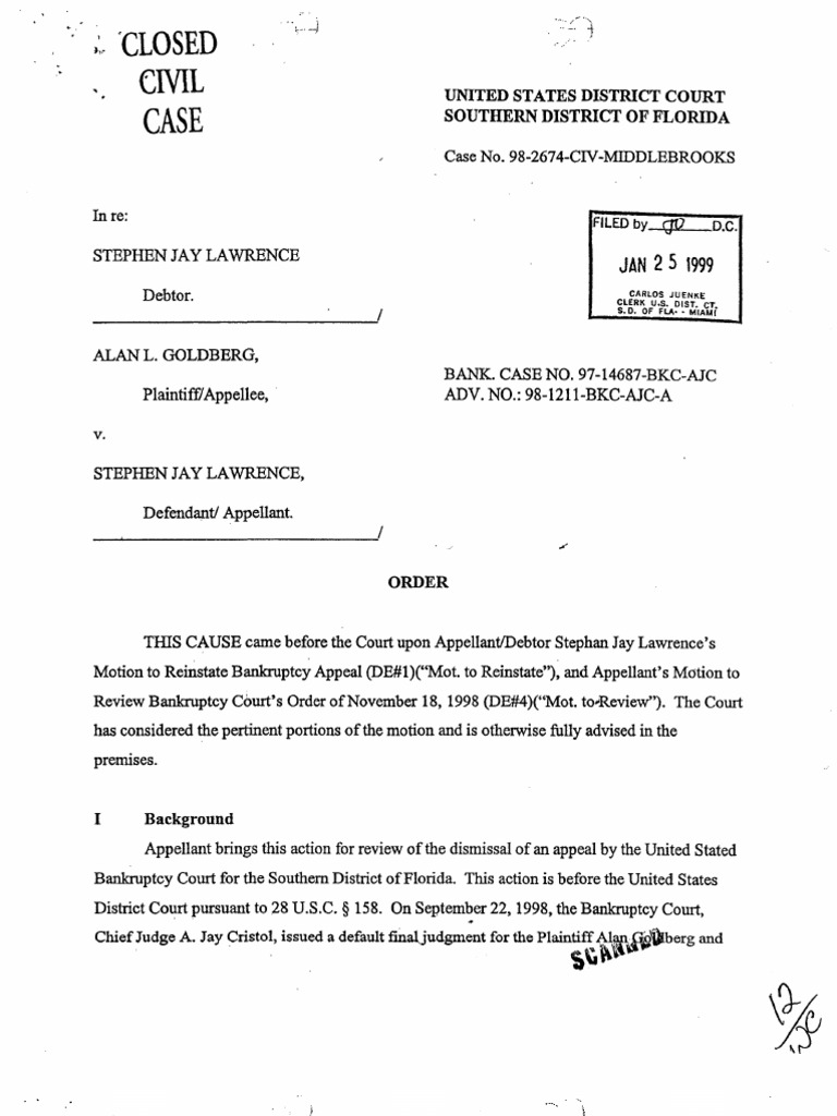 District Judge Middlebrooks Order Dismissing Appeal Based On Robert A ...