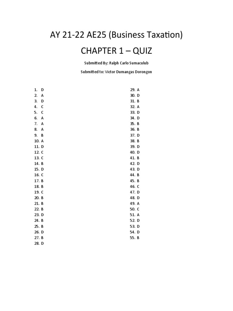 AY 21-22 AE25 (Business Taxation) Chapter 1 - Quiz | PDF