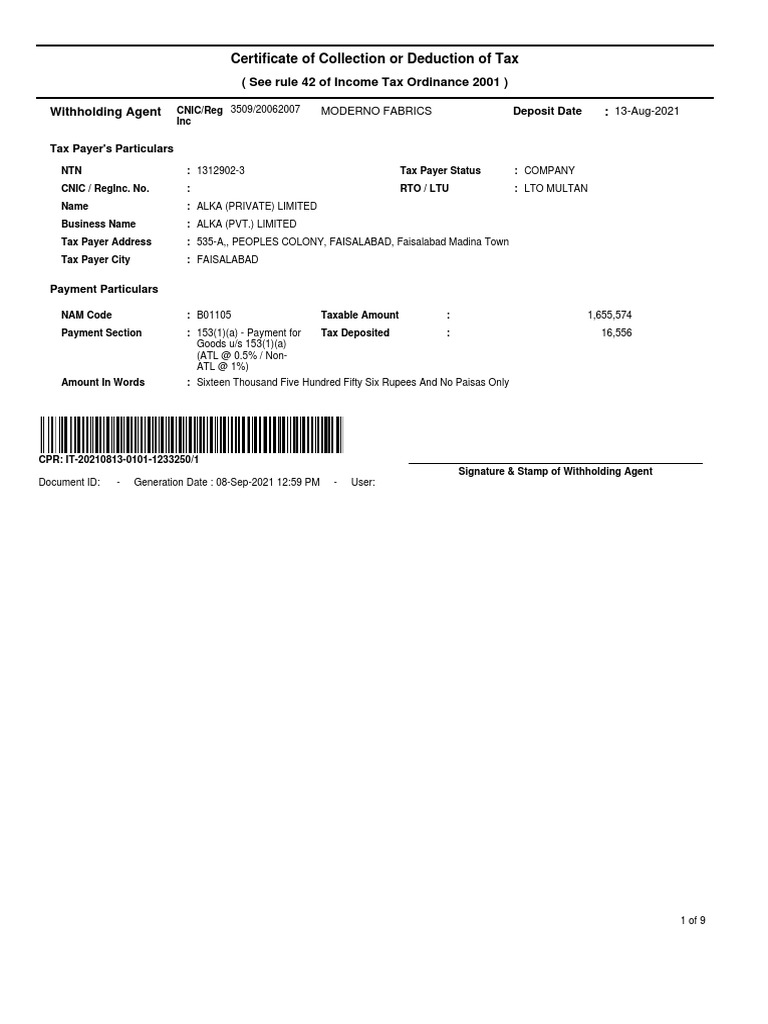 Certificate of Collection or Deduction of Tax: (See Rule 42 of Income ...