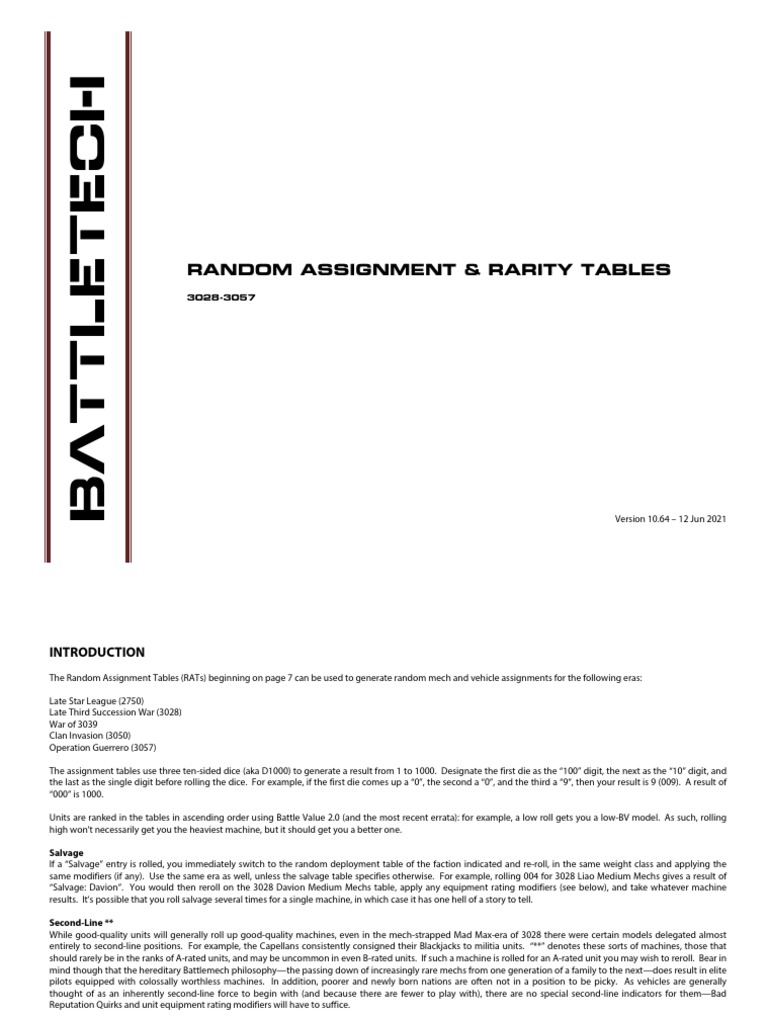 Battletech Random Assignment Tables 3028-3057 | PDF | Military