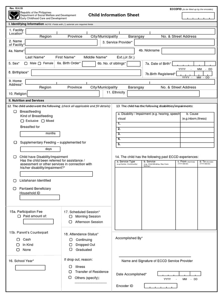 Child Information Sheet: Male Female | PDF | Breastfeeding | Disability