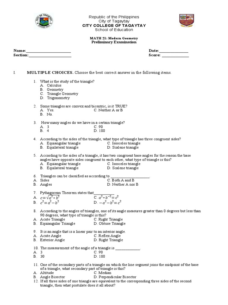 Name: - Date: - Section: - Score | PDF | Triangle | Geometry