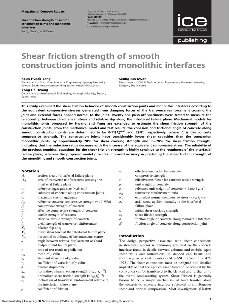Shear Friction Strength of Smooth Construction Joints and Monolithic ...