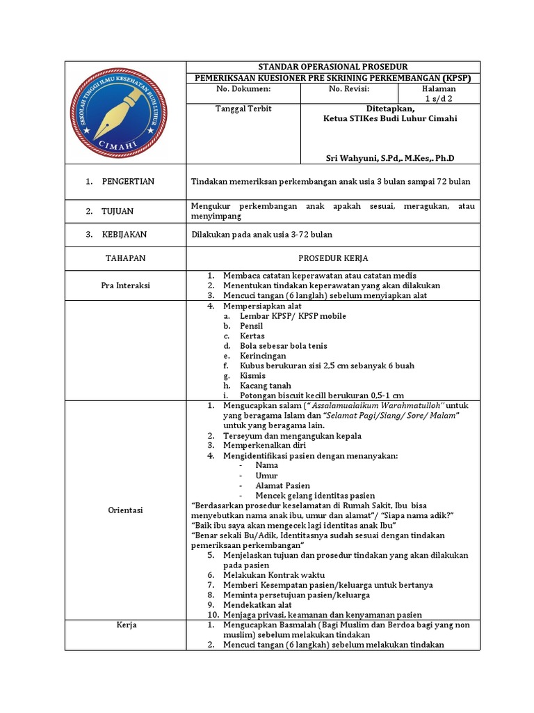 SOP Pemeriksaan KPSP Anak | PDF