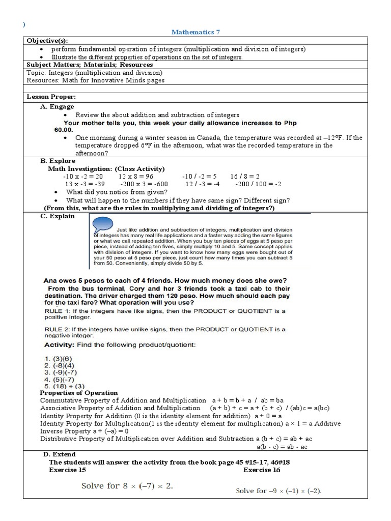 ) Mathematics 7: Illustrate The Different Properties of Operations On ...
