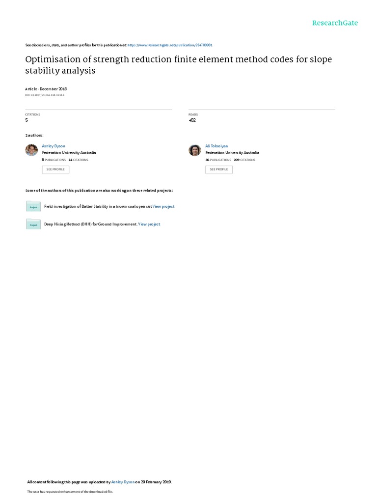 Optimisation of Strength Reduction Finite Element Method Codes For Slope Stability Analysis ...