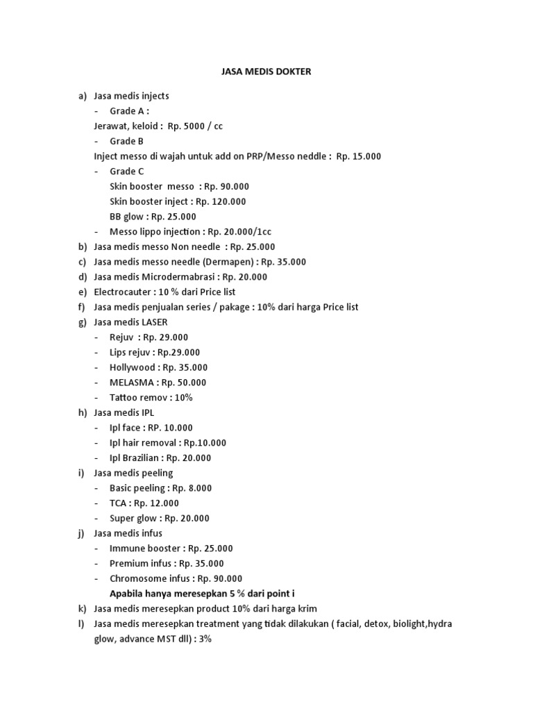 List Jasa Medis Dokter Anindita Skincare | PDF