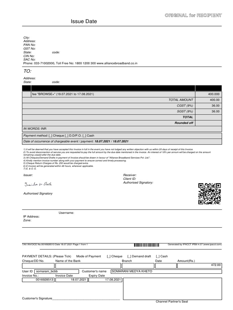 Tax Invoice for Alliance Broadband Services | PDF | Invoice | Cheque