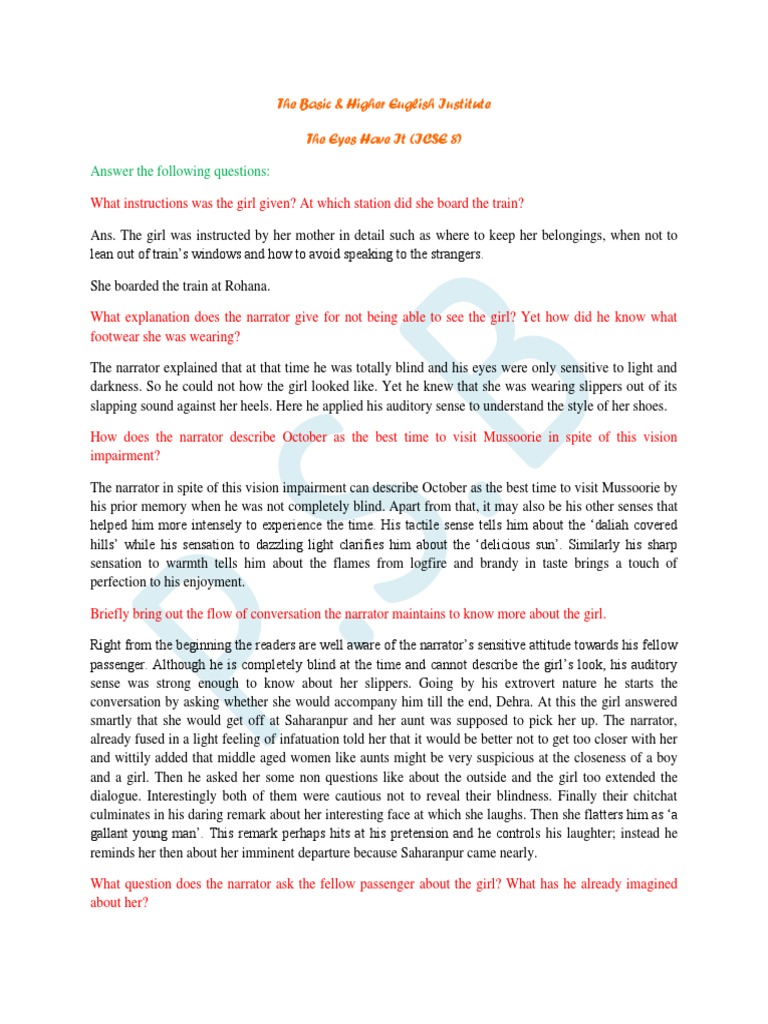The Eyes Have It: Class 8 Q&A Guide | PDF | Senses | Visual Impairment