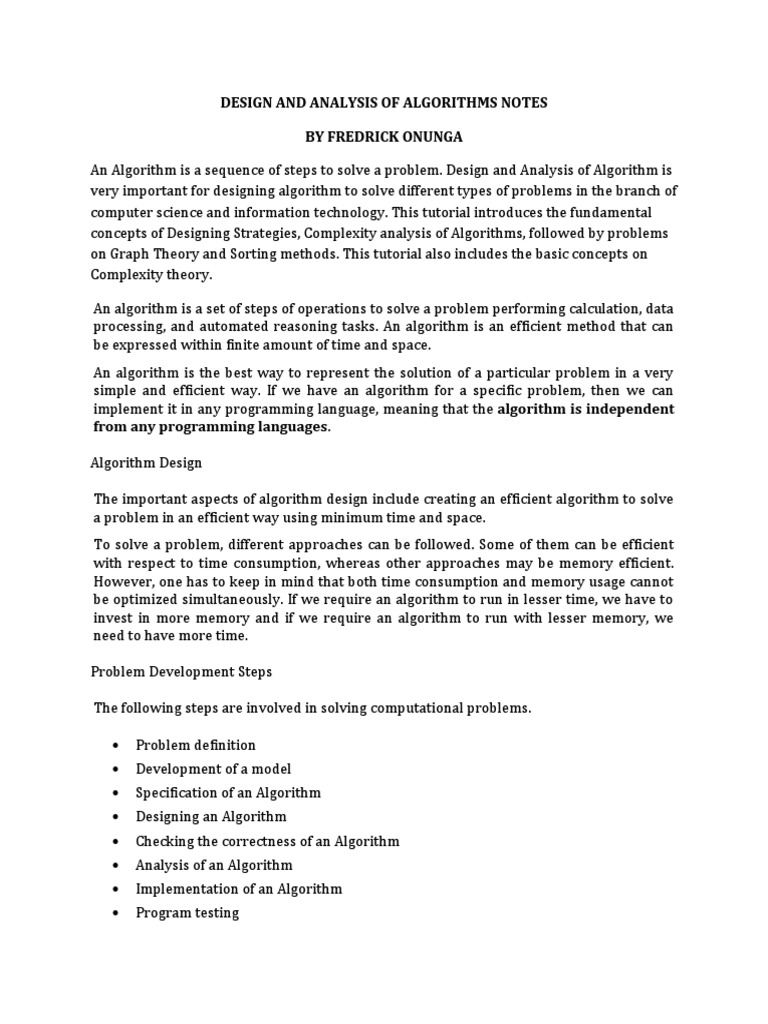 DESIGN AND ANALYSIS OF ALGORITHMS NOTES - Fred | PDF | Computational ...