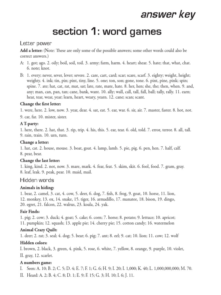 Section 1: Word Games: Answer Key | PDF