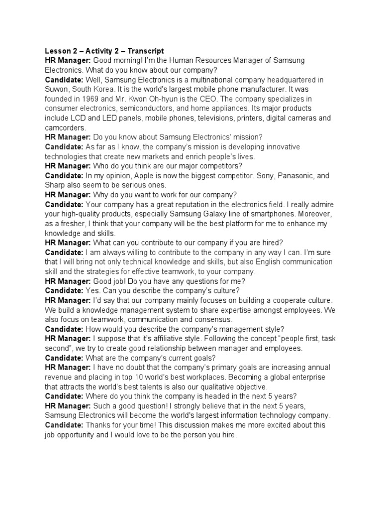Tapescript Unit 1 Lesson 2 Act 2 | PDF | Samsung Electronics | Business
