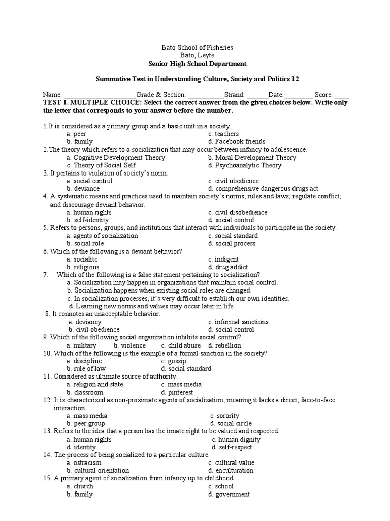 Grade 12 UCSP Summative Test Answer Key | PDF | Socialization ...