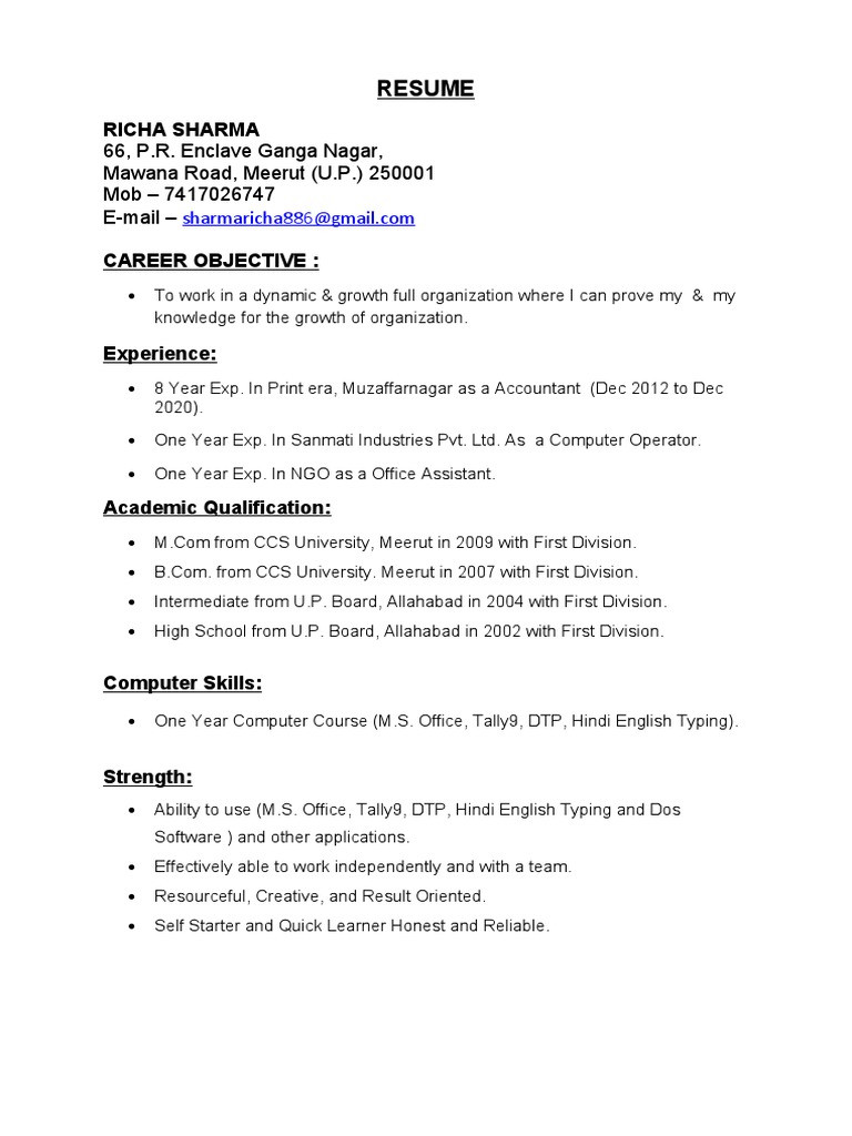 Resume: 66, P.R. Enclave Ganga Nagar, Mawana Road, Meerut (U.P.) 250001 Mob - 7417026747 E-Mail ...