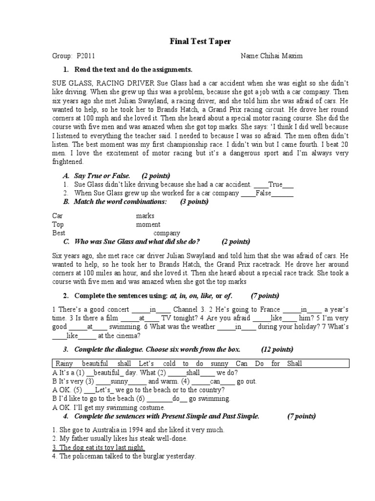 Final Test Taper: 1. Read The Text and Do The Assignments | PDF ...