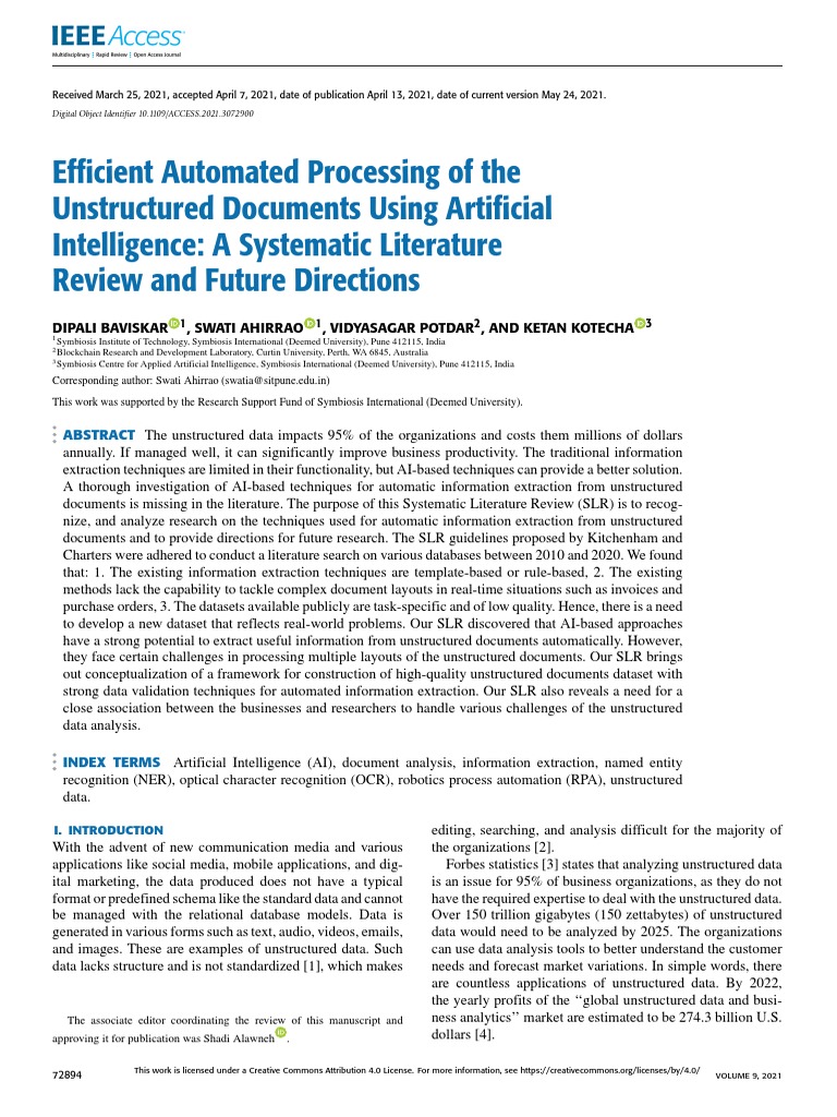 Efficient Automated Processing of The Unstructured Documents Using Artificial Intelligence A ...