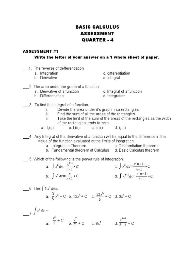 BASIC CALCULUS Q4 Assessment 1 | PDF | Integral | Derivative