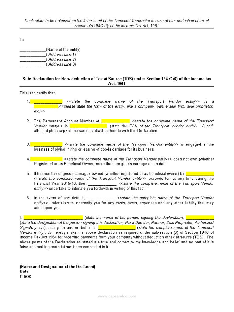 TDS Declaration From Transporter For 194C | PDF | Payments | Government ...