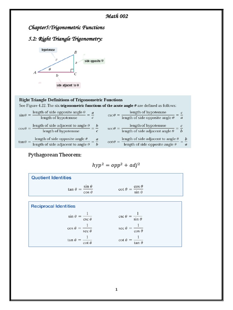 Math 002 Chapter5:Trigonometric Functions 5.2: Right Triangle Trigonometry | Download Free PDF ...